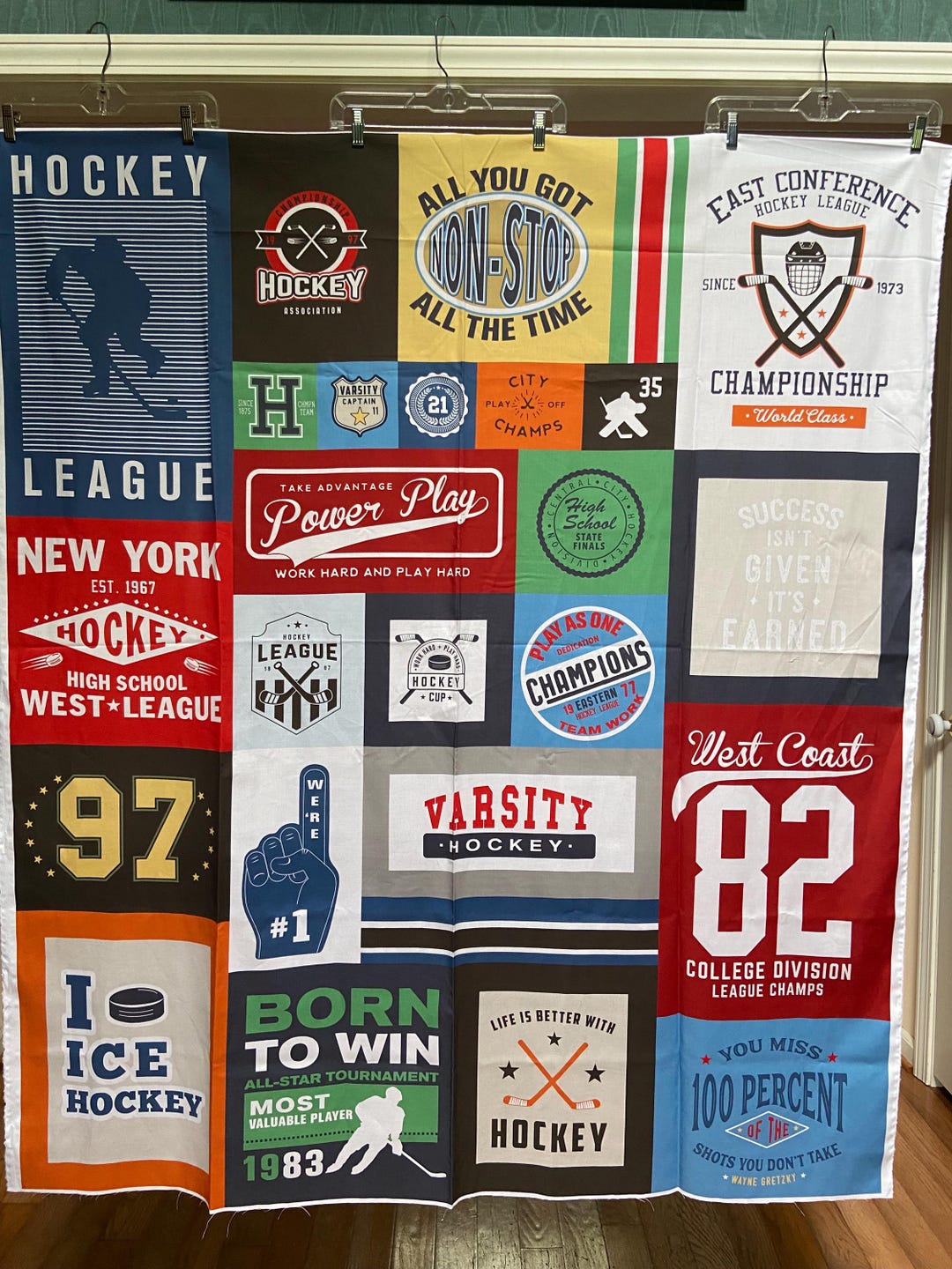 Huge Varsity Hockey Sports Riley Blake Fabric Quilt Panel - 100% Cotton ...