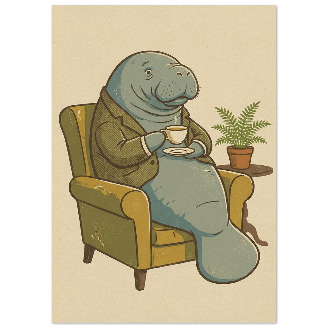 Manatee Wall Art Print – Whimsical Animal Illustration, Vintage Style ...