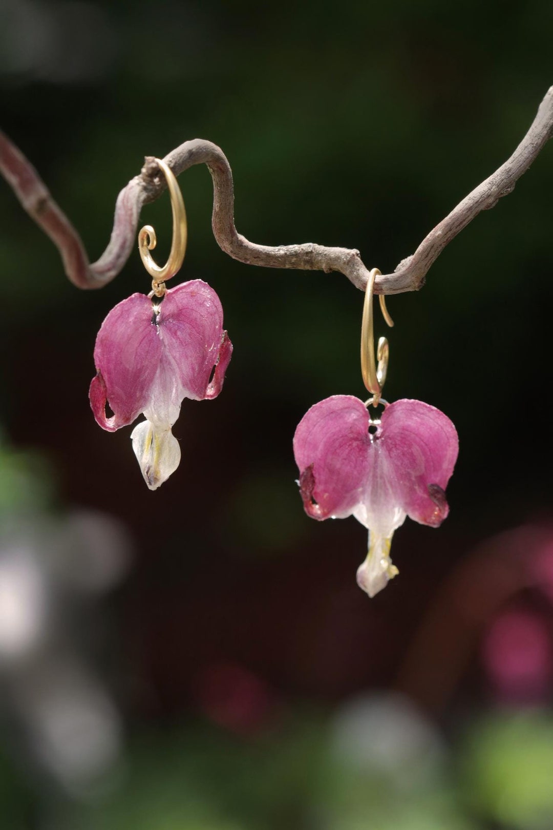 Bleeding Heart Hoop Earrings - Natural Flower Preserved in Resin, Matte ...