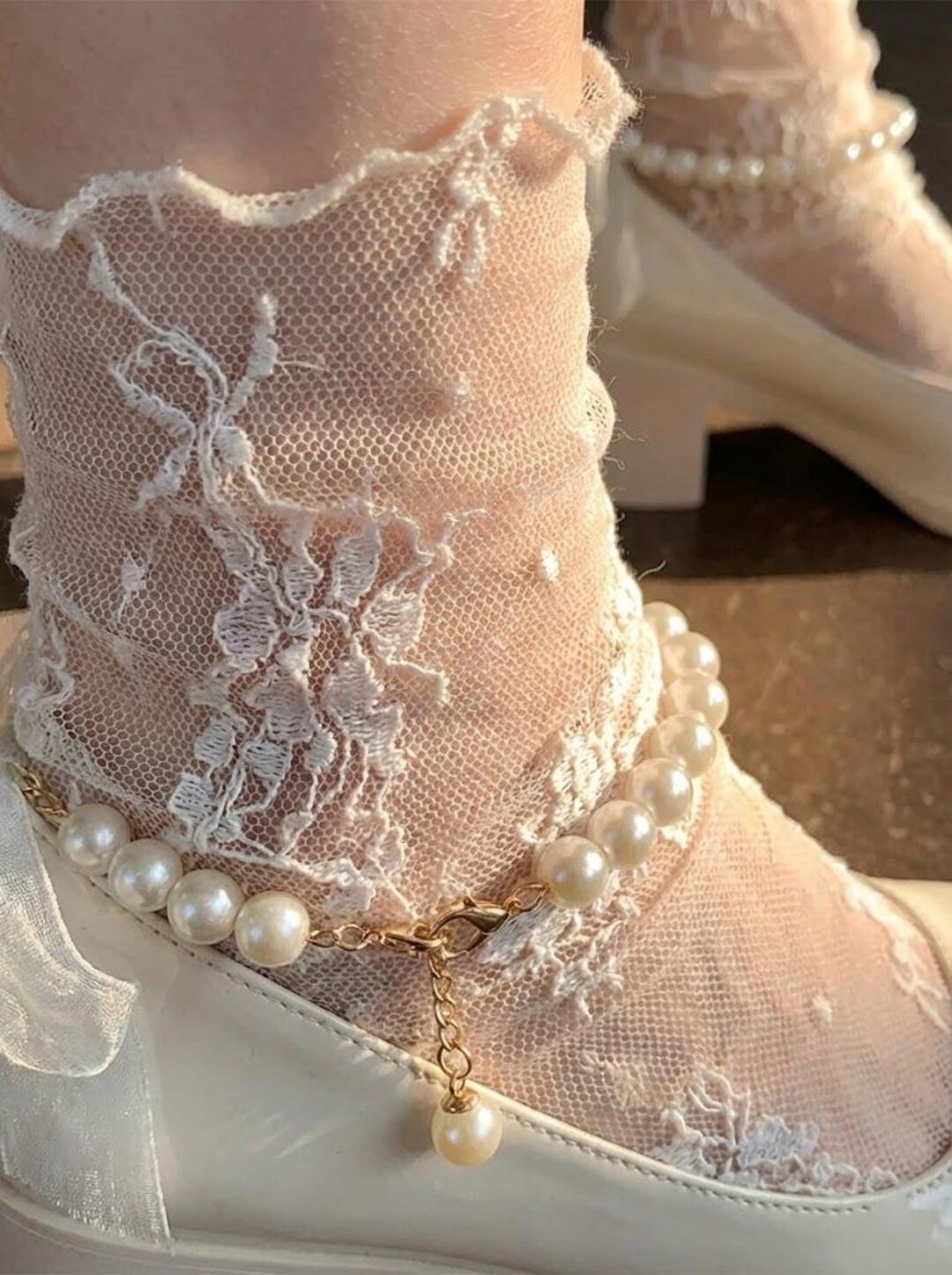 Balletcore Ruffle Socks Aesthetic Pearl Anklet Socks Romantic Mom's ...
