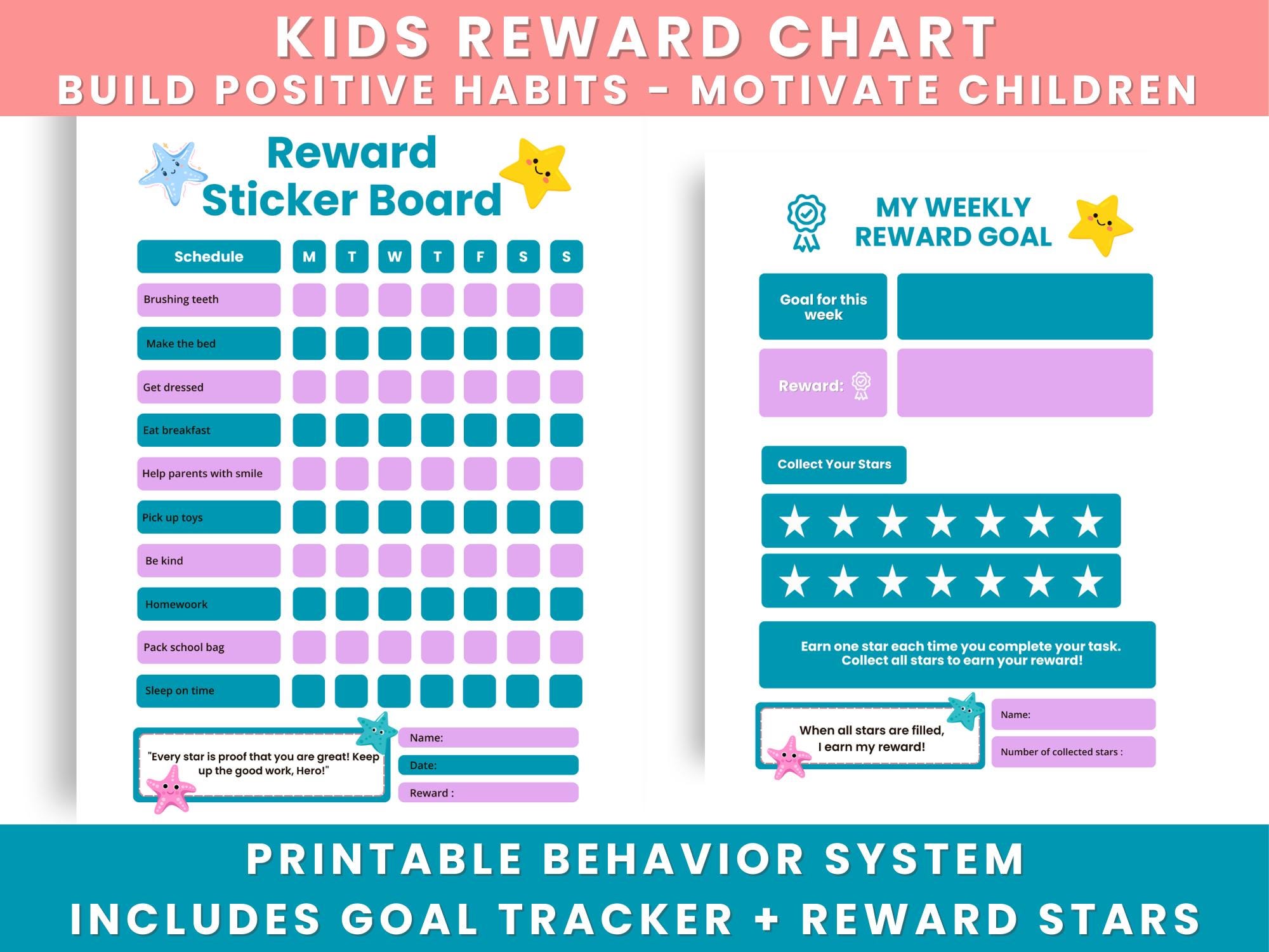 Reward Chart for Kids Printable | Behavior Chart | Chore Chart | Weekly ...