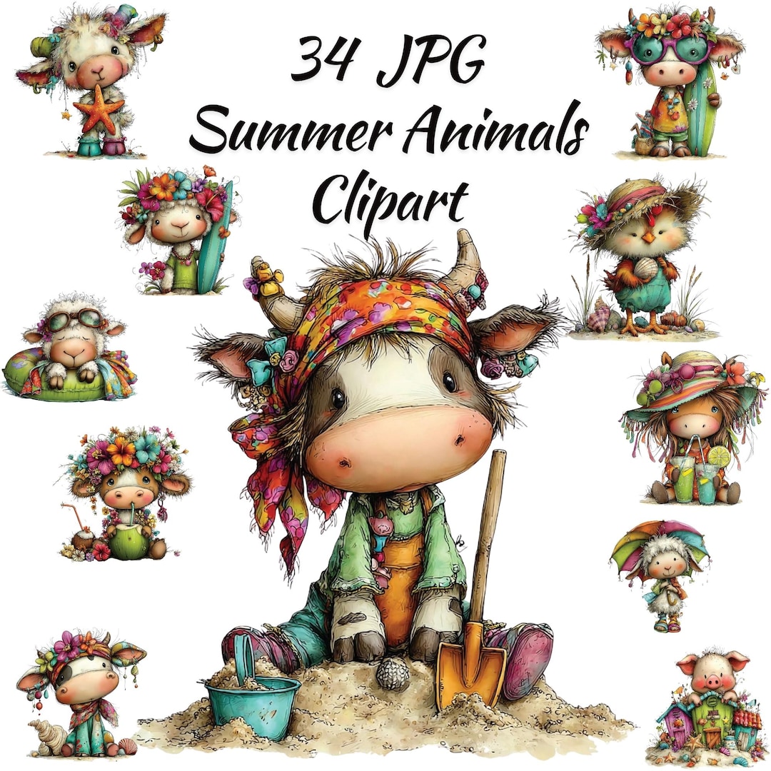 34 JPG Summer Animals Clipart – Cute Whimsical Farm & Beach Animals ...