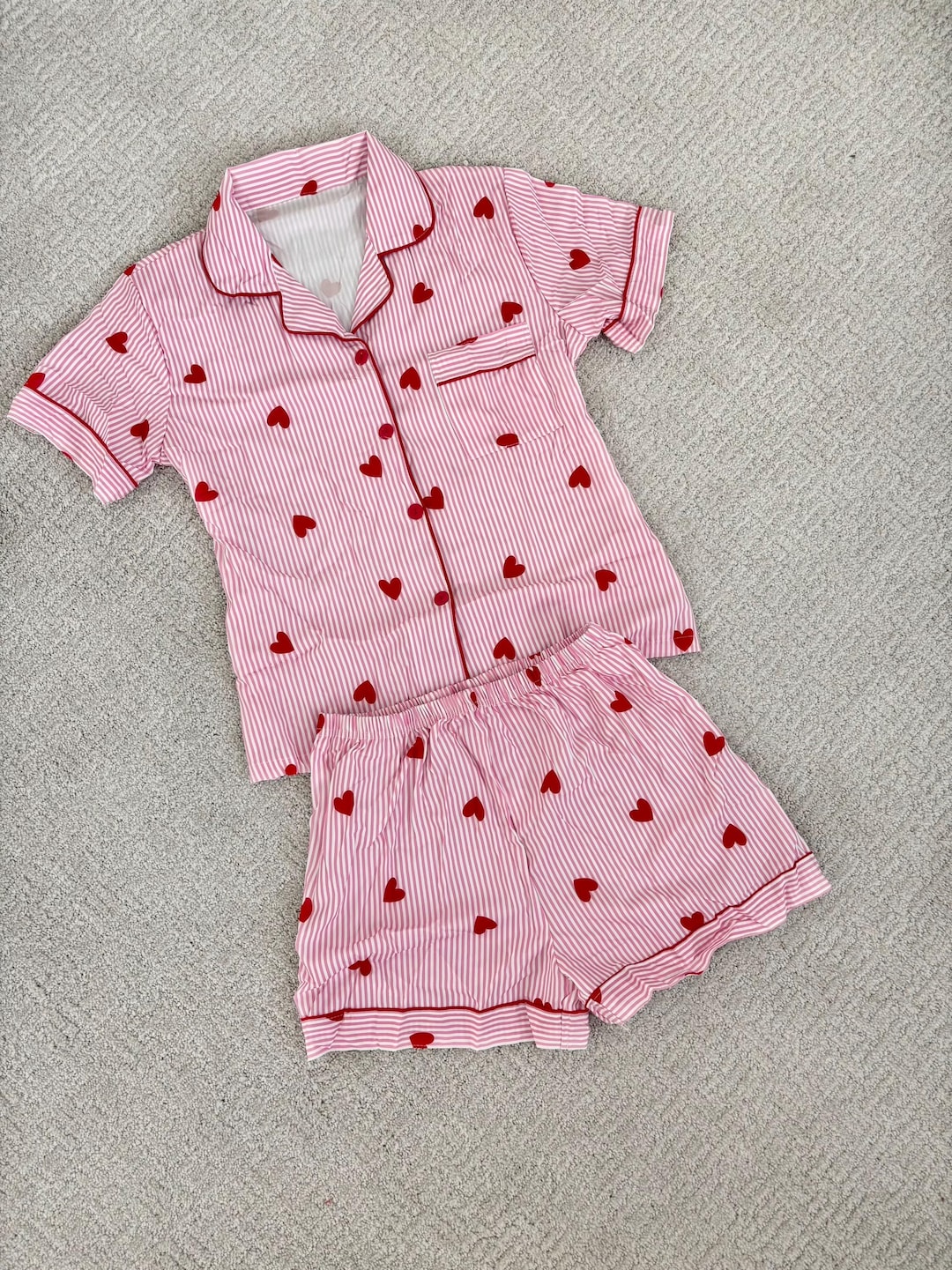 Red & Pink Striped Little Heart Pajamas Set - Cute Pink Heart Pattern ...