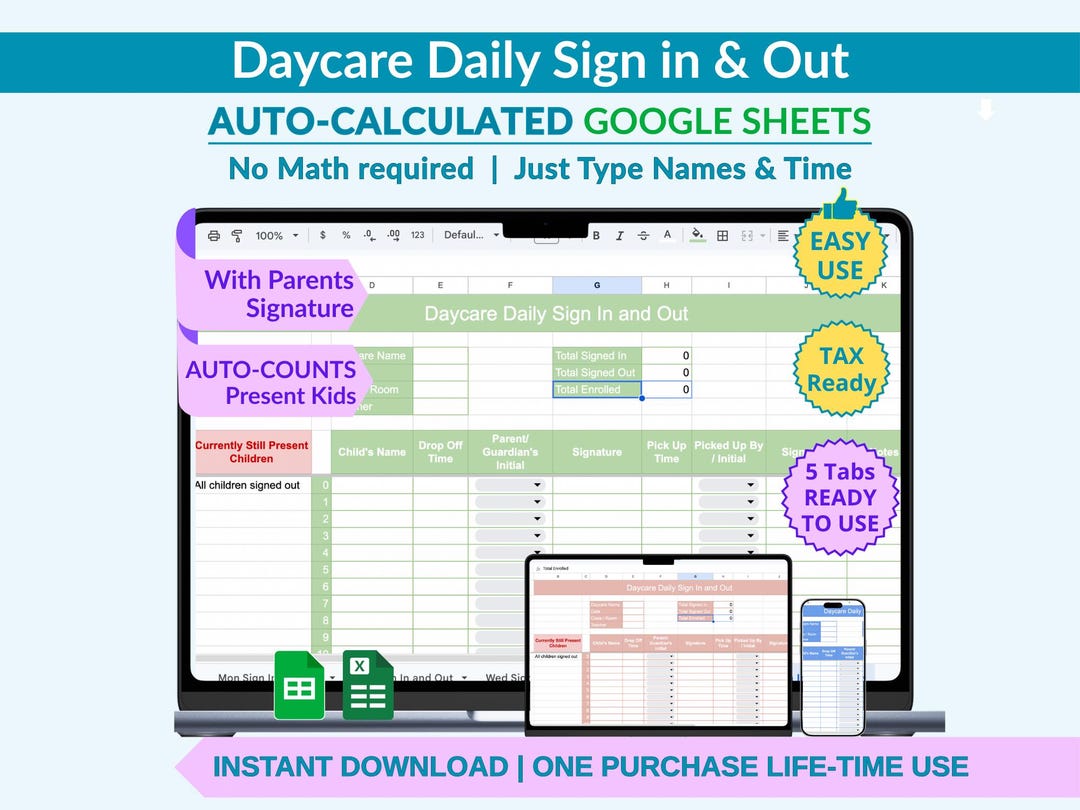 Daycare Daily Sign in Sign Out Google Sheet | Automated Google Sheets ...