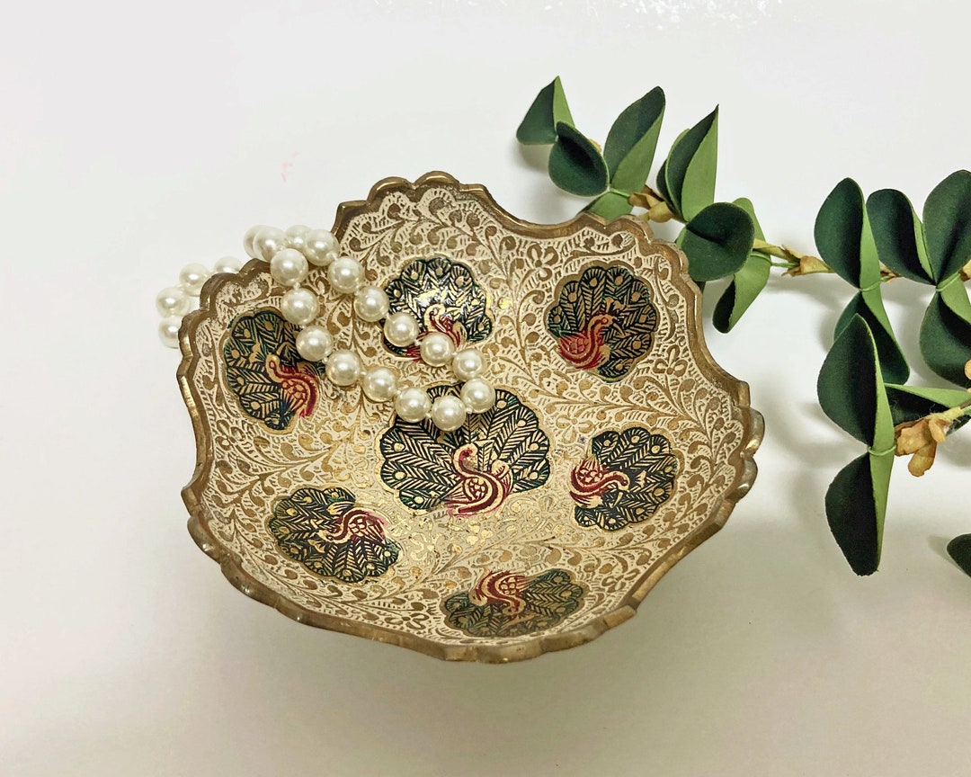 Vintage Brass Peacock Enameled Coin Trinket Change Ring Dish Bowl ...