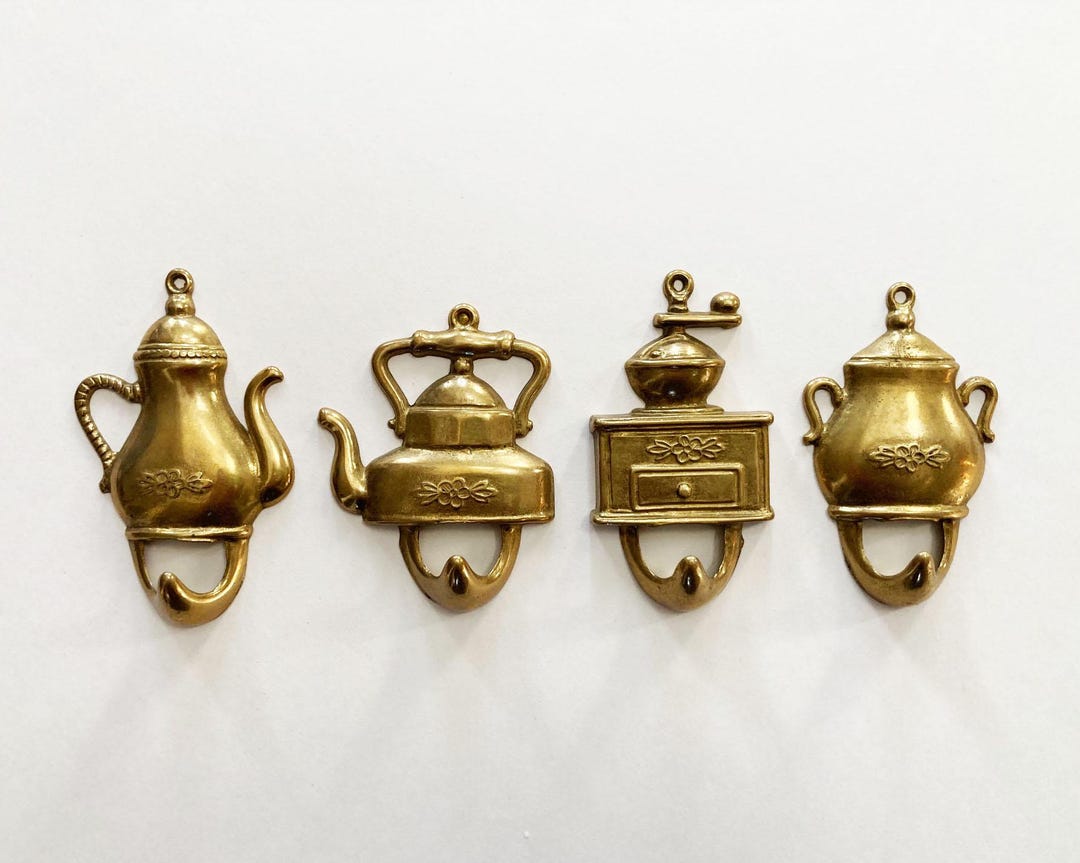 Vintage Farmhouse Brass Teapot Wall Hooks Lot of 4 Small Tea Coffeepot ...