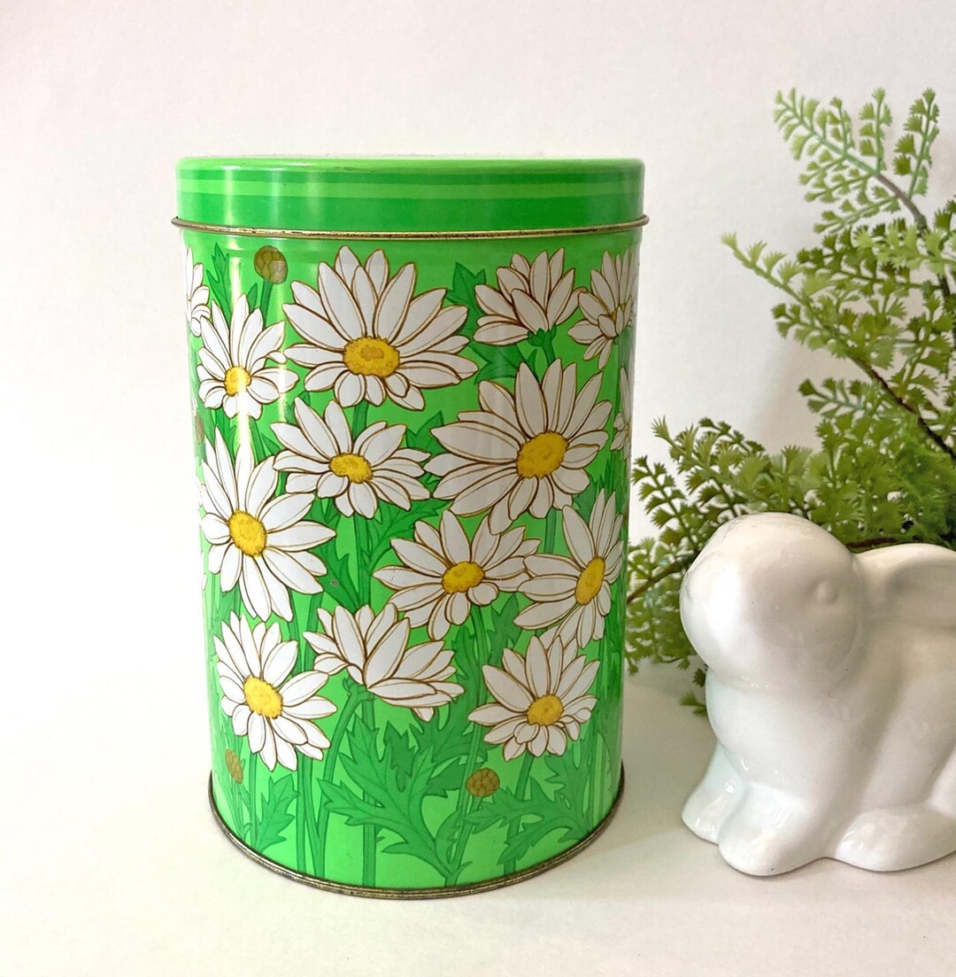 70's Daisy Tin Can by Hallmark Cookie Candy Coffee Floral Tall Green ...