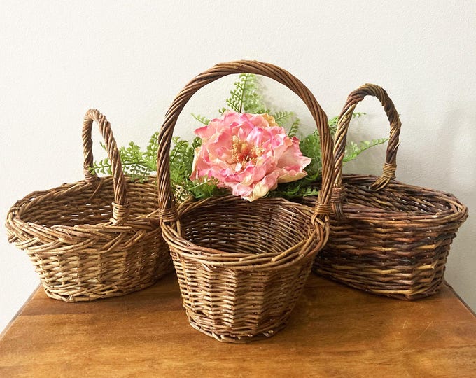 3 Vintage Natural Wood Twig Baskets Small Woven Brown Wicker Baskets ...
