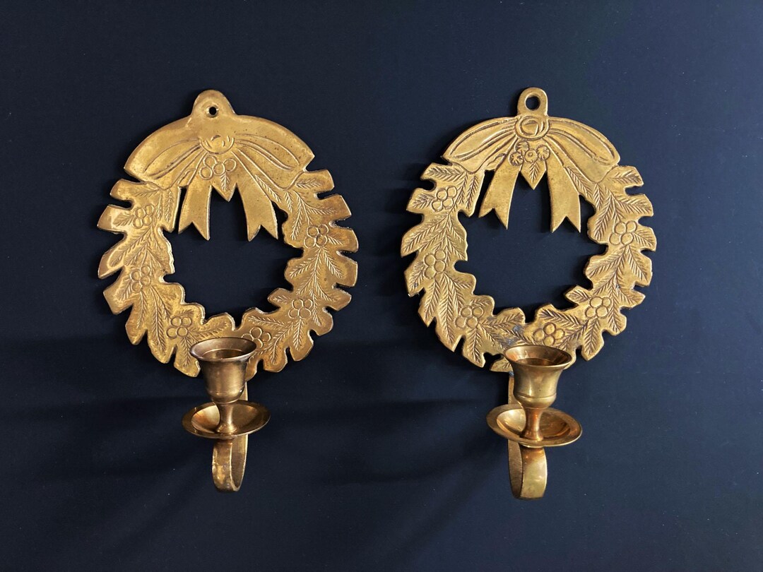 Vintage Brass Christmas Wreath Wall Candle Sconce Pair Wall Candle ...