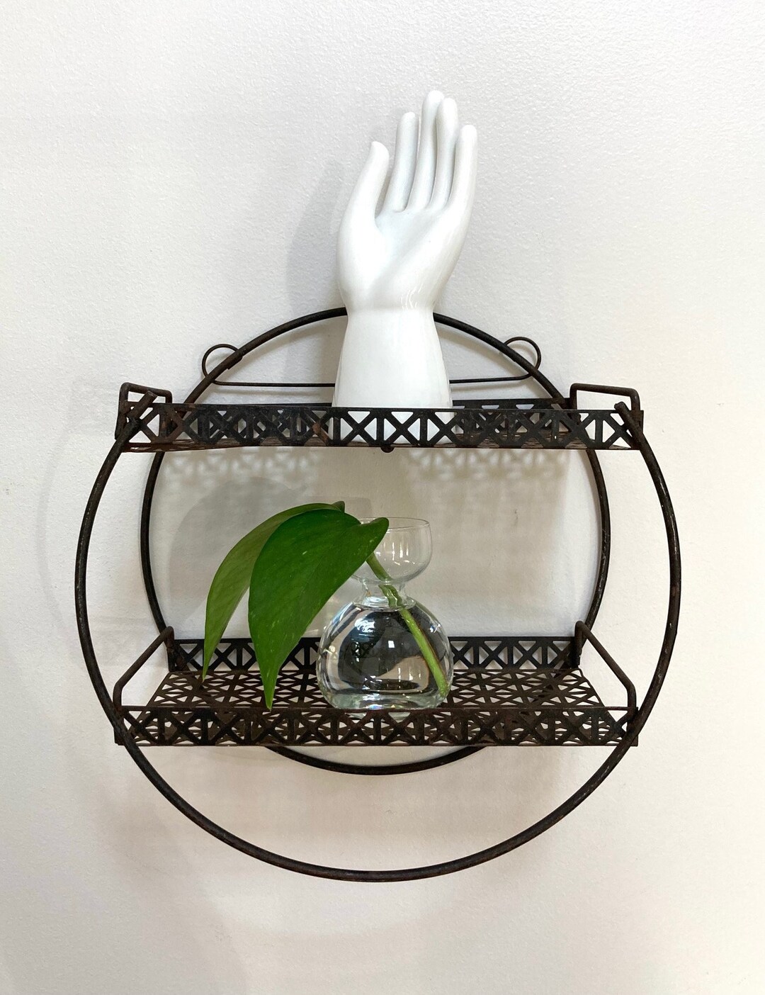 Midcentury Circular Wire Mesh Shelf Atomic Eames Era Round Metal Knick ...