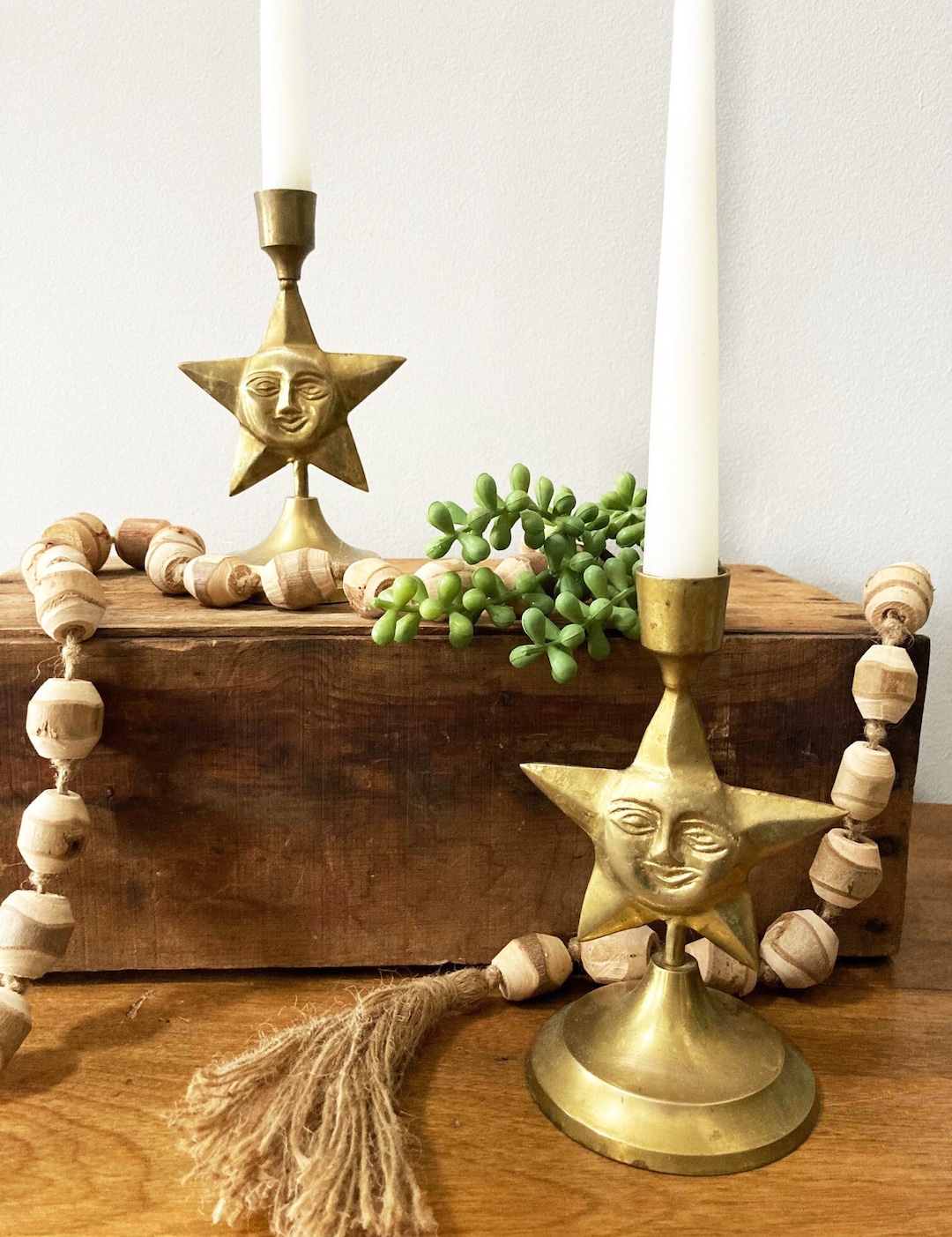 Vintage Brass Celestial Candlestick Pair Sun Star Face Candle Holders ...