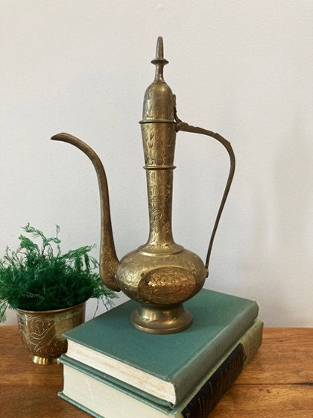 Brass Ewer Middle Eastern Coffee Pot: Vintage Etched Brass Tall Tea ...