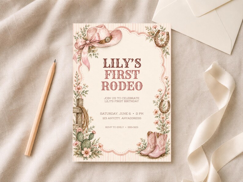 First Rodeo Birthday Invitation, Cowgirl First Birthday Invite, Pink ...