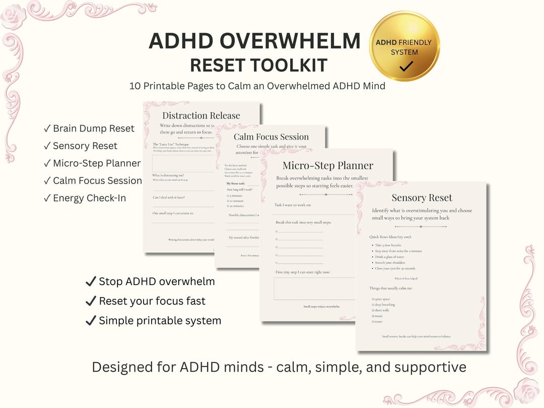 ADHD Overwhelm Reset Toolkit Printable | Brain Dump, Micro Step Planner ...