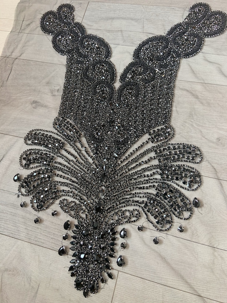 Large Black Rhinestone Bodice Appliqué , Heavy Bead Handmade Rhinestone ...