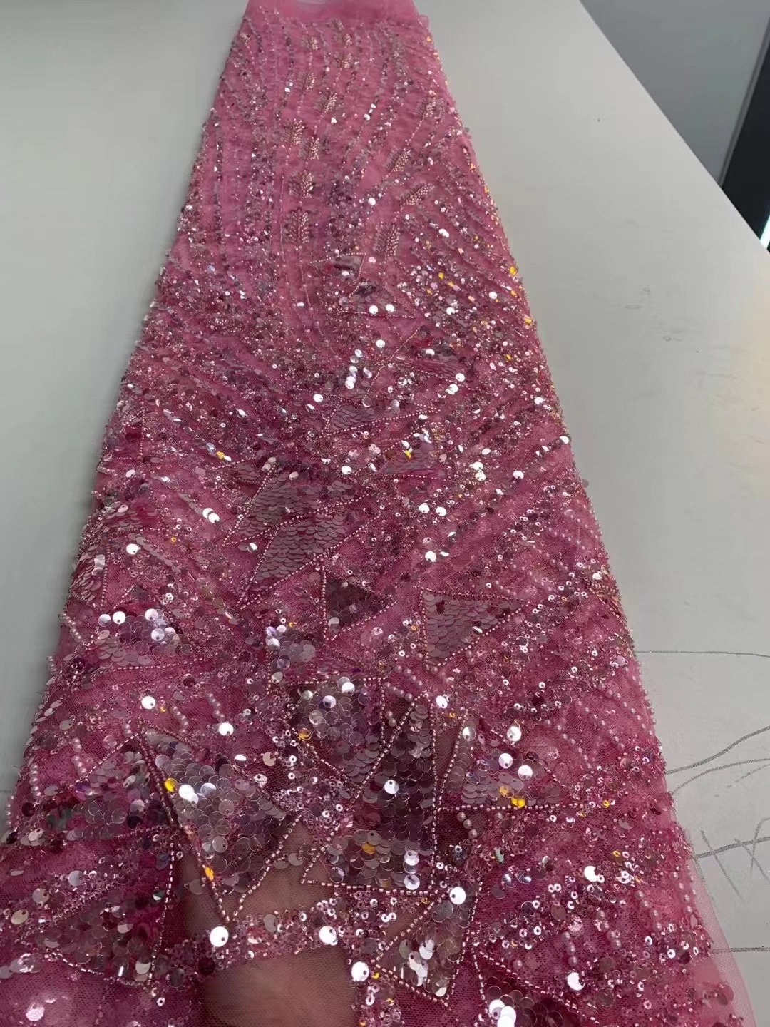 Pink Sequined Tulle Lace Fabric, Heavy Beading Tulle Lace Fabric for ...