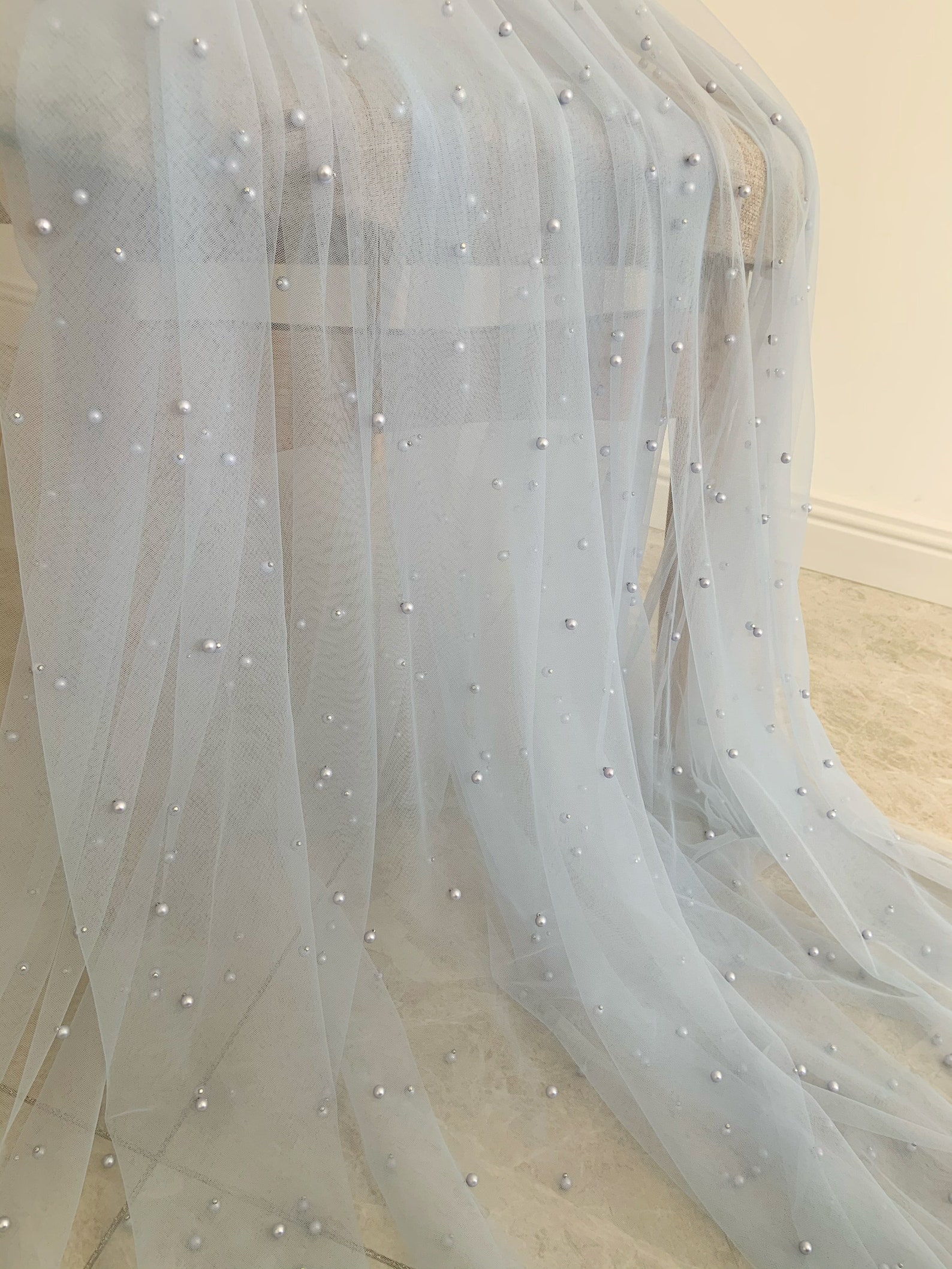 Light Blue Tulle Fabric With Pearls, Pearl Bead Tulle Fabric for Veils ...