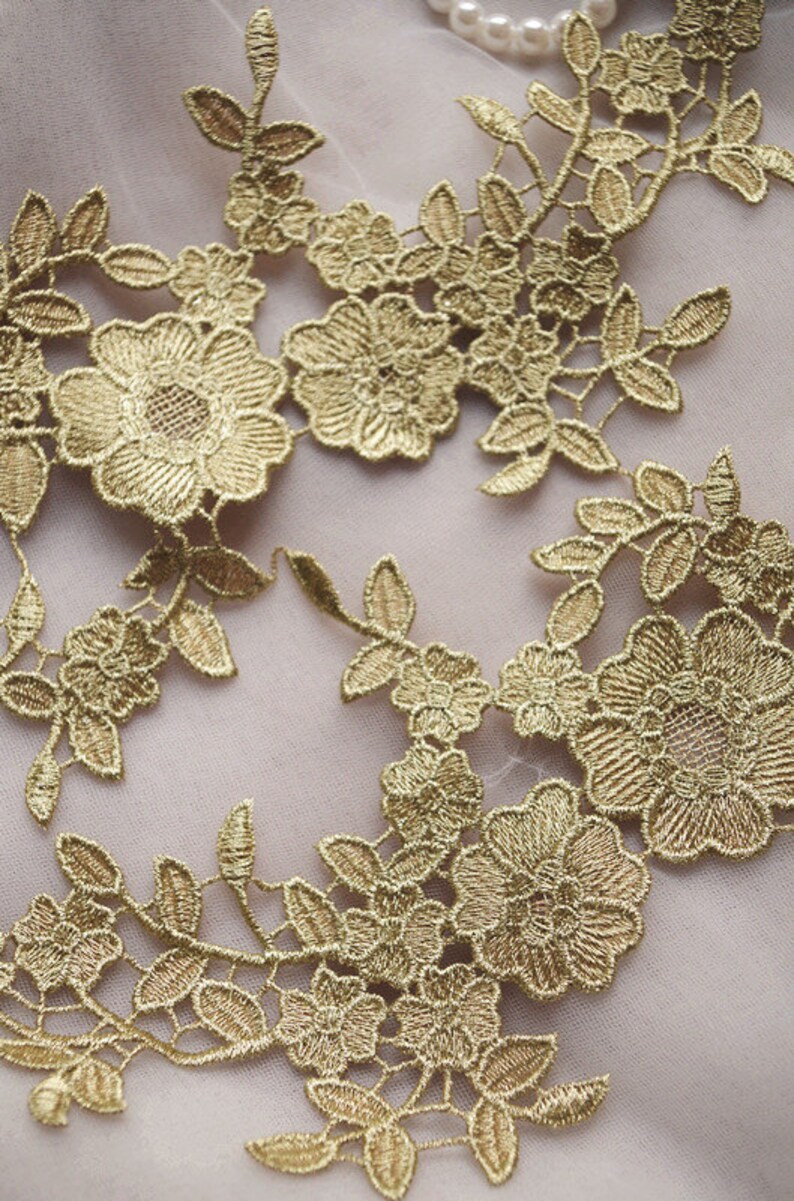 One pair of metallic gold lace applique with flowers bridal | Etsy
