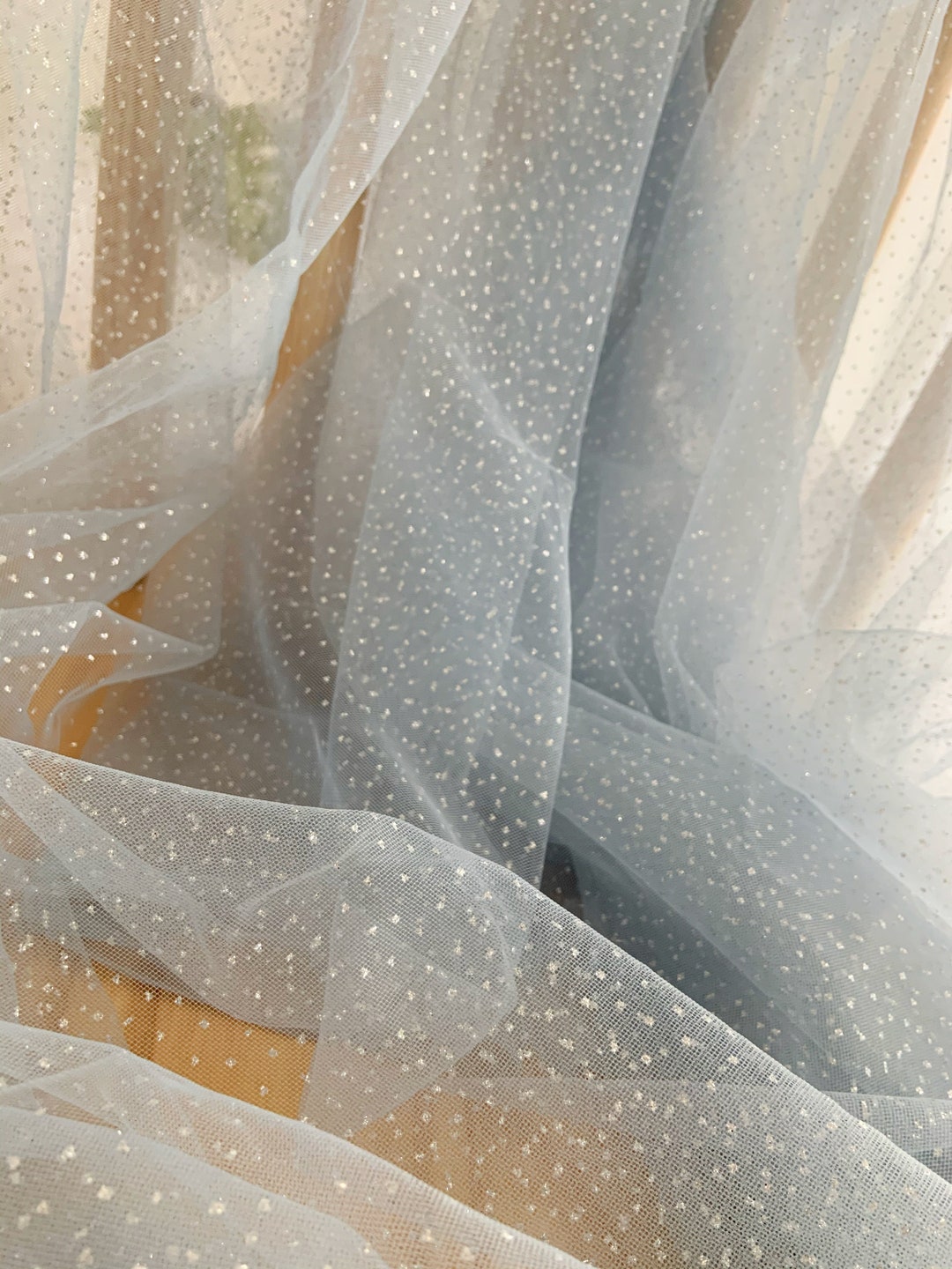 Light Blue Mesh Lace Fabric With Glitters, Galaxy Look Well Drape Tulle ...