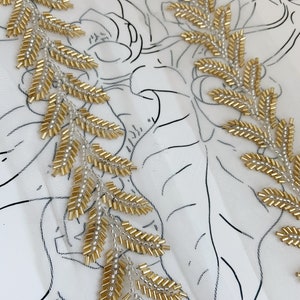 Gold Bugle Bead Trim With Leaves for Couture, Gold and Silver Leaves Trim for Couture, Bead Sash ...