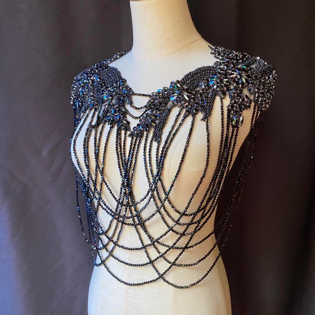Black Rhinestone Cape With Chains for Costume, Body Jewelry With Fringe ...