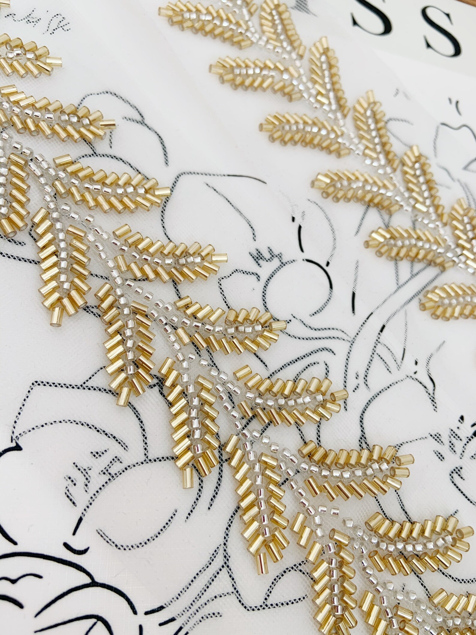 Gold Bugle Bead Trim With Leaves for Couture, Gold and Silver Leaves ...