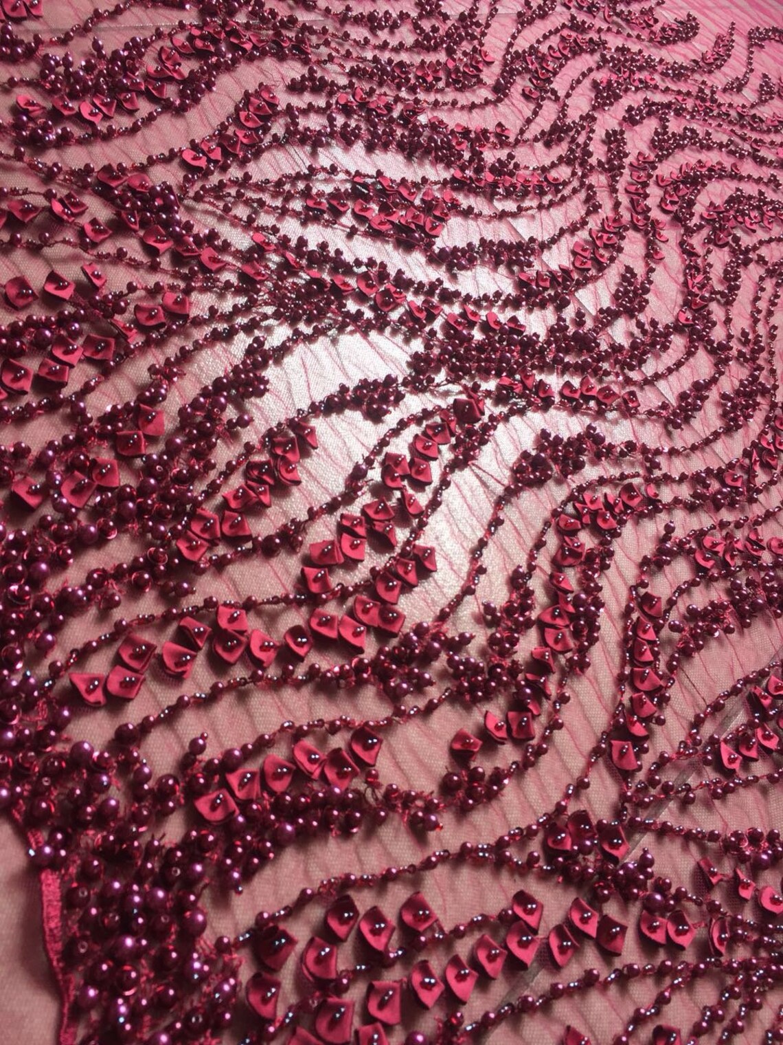 Wine red lace fabric with 3D flowers pearl bead 3D floral | Etsy