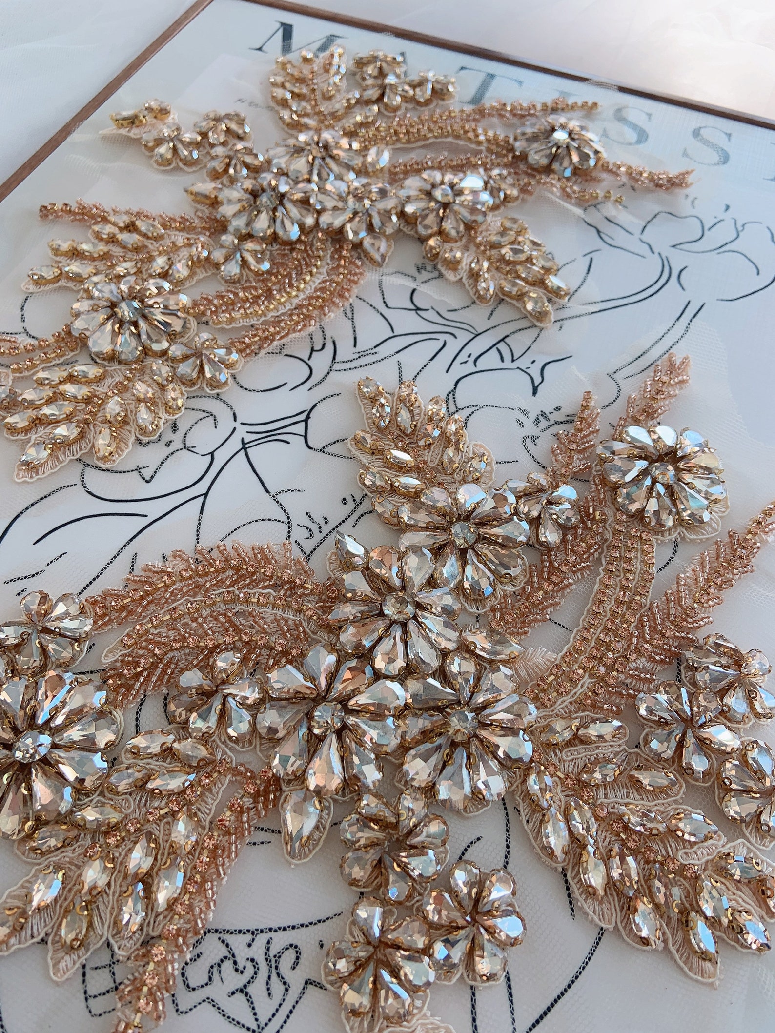 One Pair Light Rose Gold Rhinestone Applique Crystal Florals - Etsy