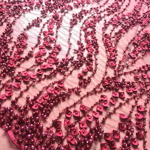 Wine Red Lace Fabric With 3D Flowers, Pearl Bead 3D Floral Lace Fabric ...