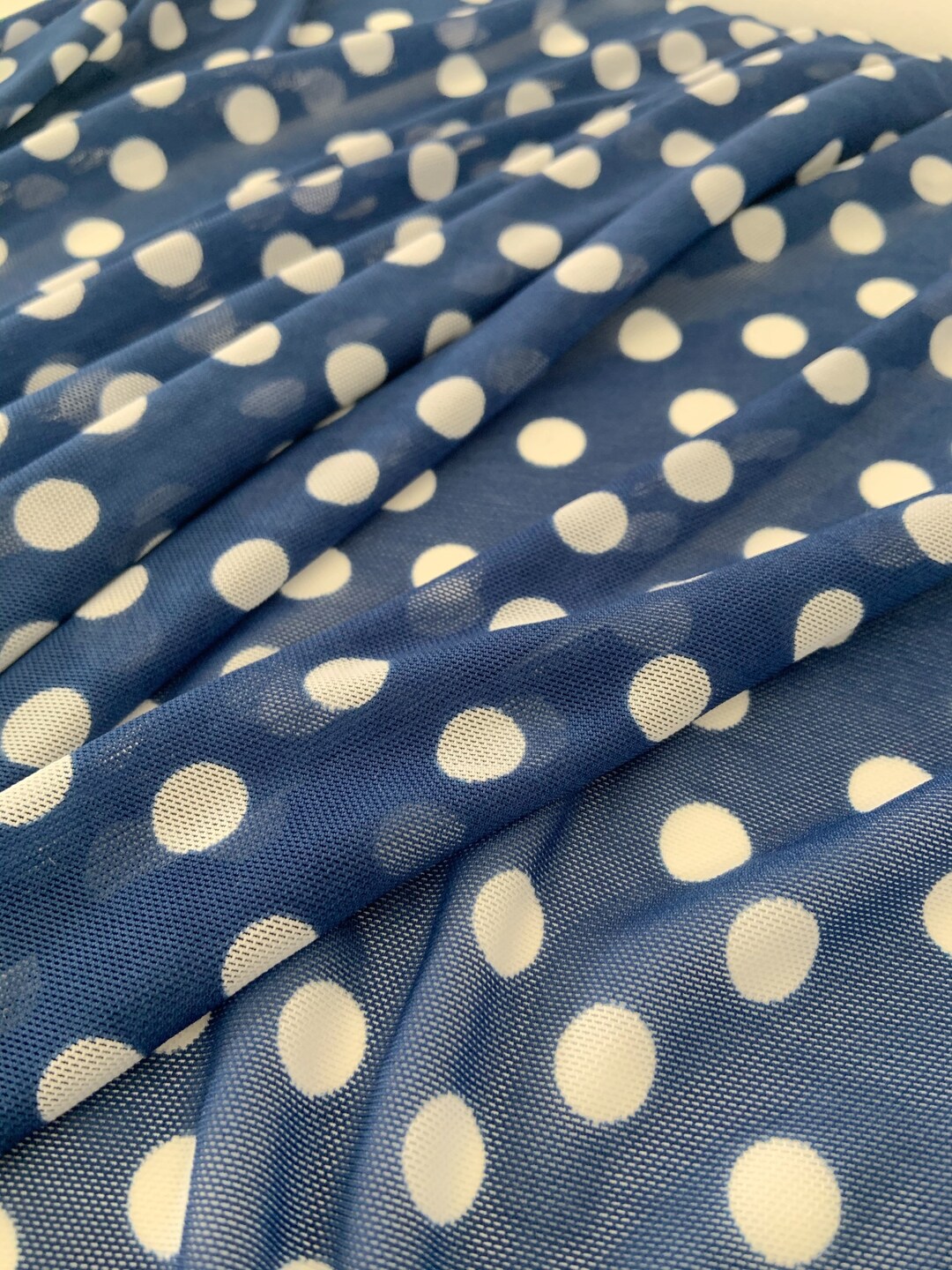 4 Way Blue Power Mesh Fabric With Printed Polka Dots, Stretch Tulle ...