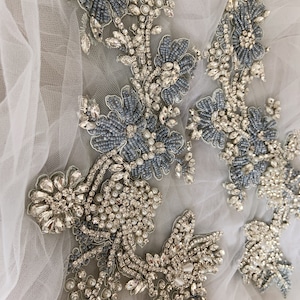 Pale Blue Rhinestone Applique, Hand Crafted Rhinestone Patch for Bridal ...