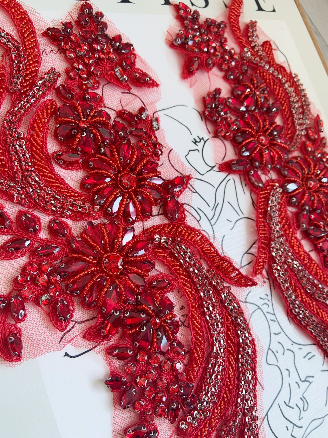 Red Rhinestone Applique, Heavy Bead Crafted Rhinestone Applique for ...