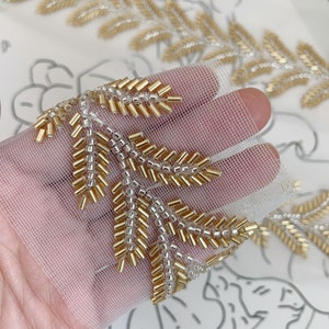 Gold Bugle Bead Trim With Leaves for Couture, Gold and Silver Leaves Trim for Couture, Bead Sash ...