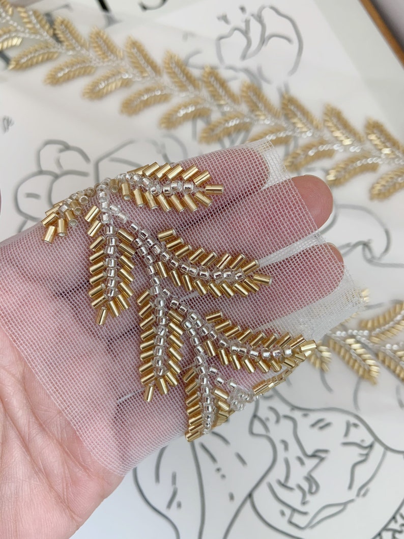 Gold Bugle Bead Trim With Leaves for Couture Gold and Silver | Etsy