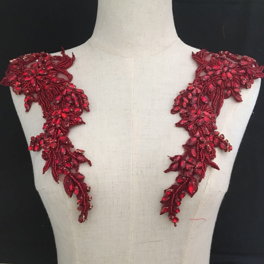 Red Rhinestone Applique, Heavy Bead Handmade Rhinestone Applique for ...