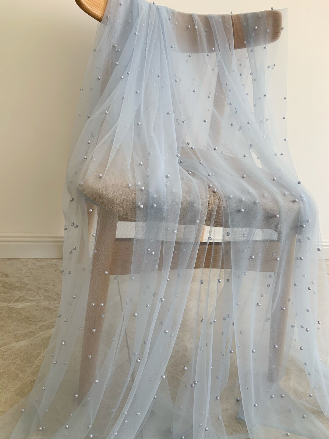 Light Blue Tulle Fabric With Pearls, Pearl Bead Tulle Fabric for Veils ...