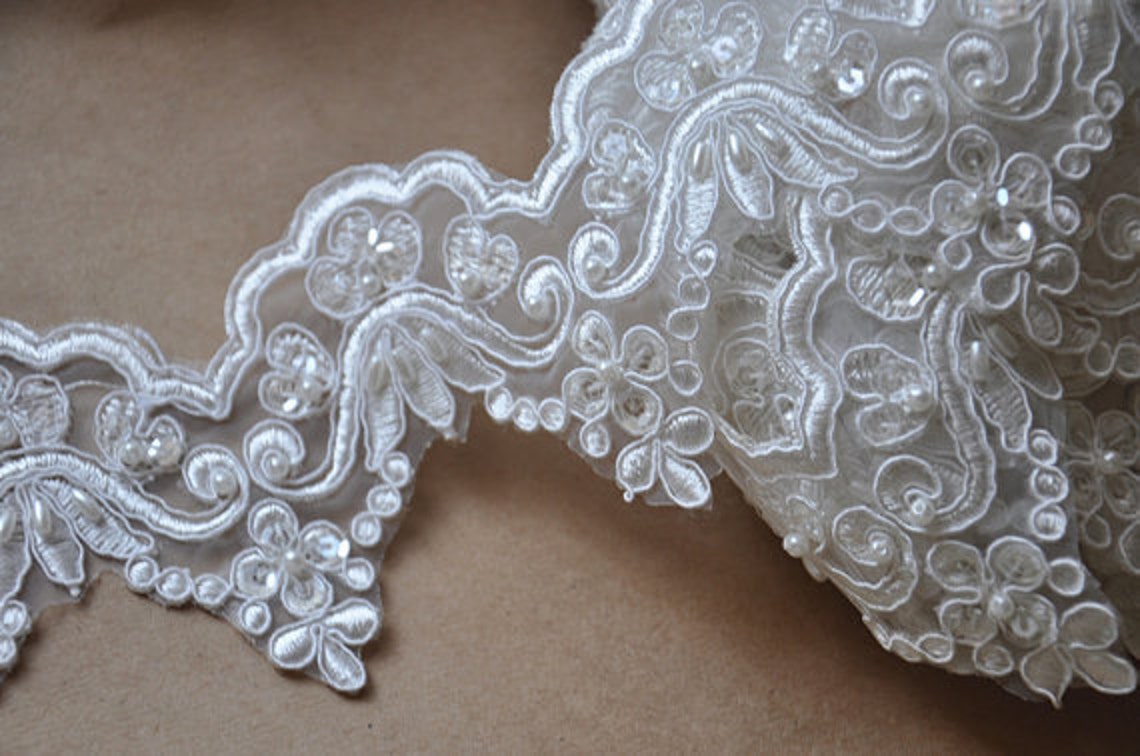 Ivory Lace Trim, Beaded Bridal Lace Trim, Corded Lace,sequined Lace ...
