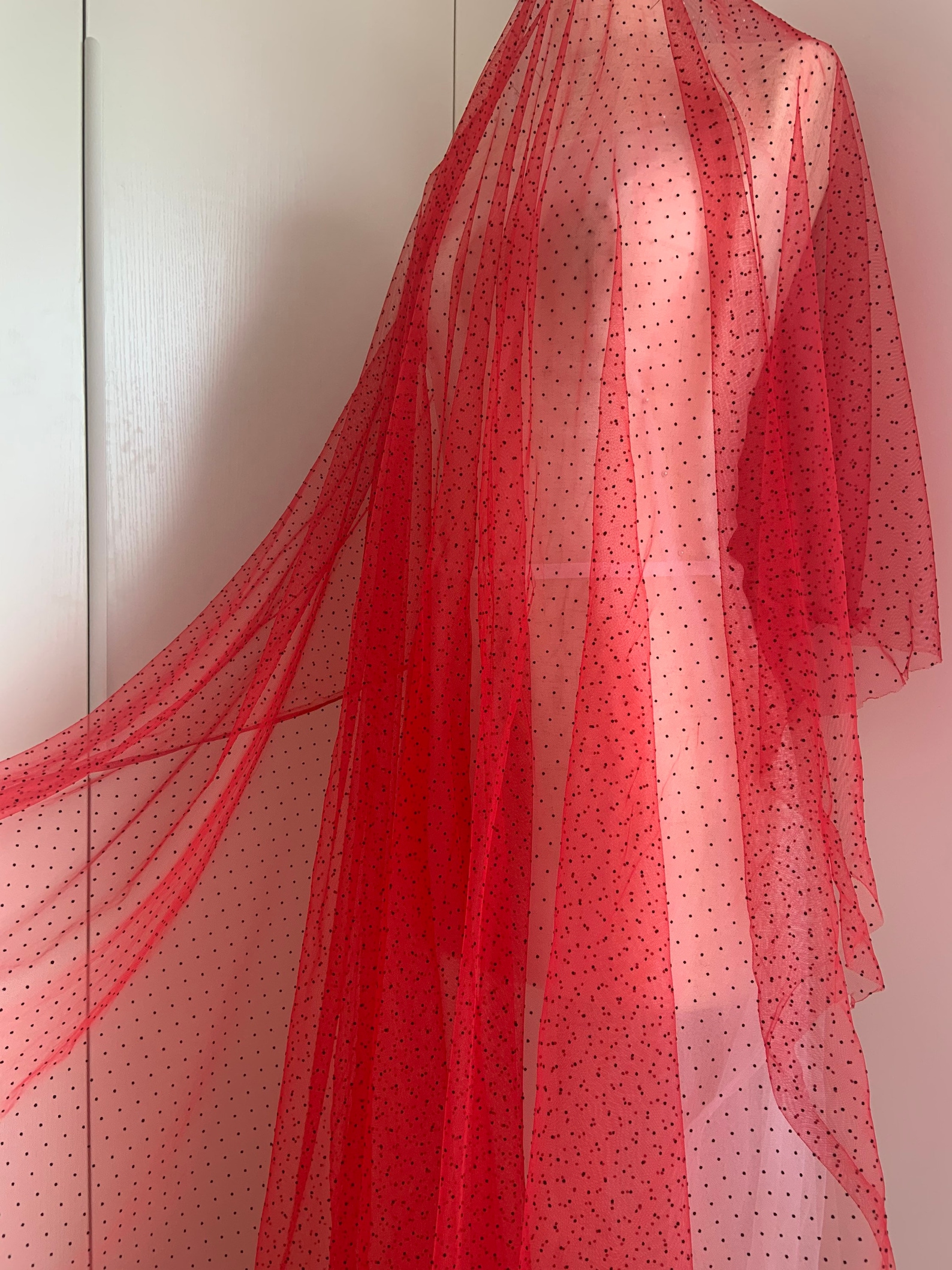 Red Tulle Fabric With Mini Velvet Polka Dots, Flocking Polka Dots Tulle ...