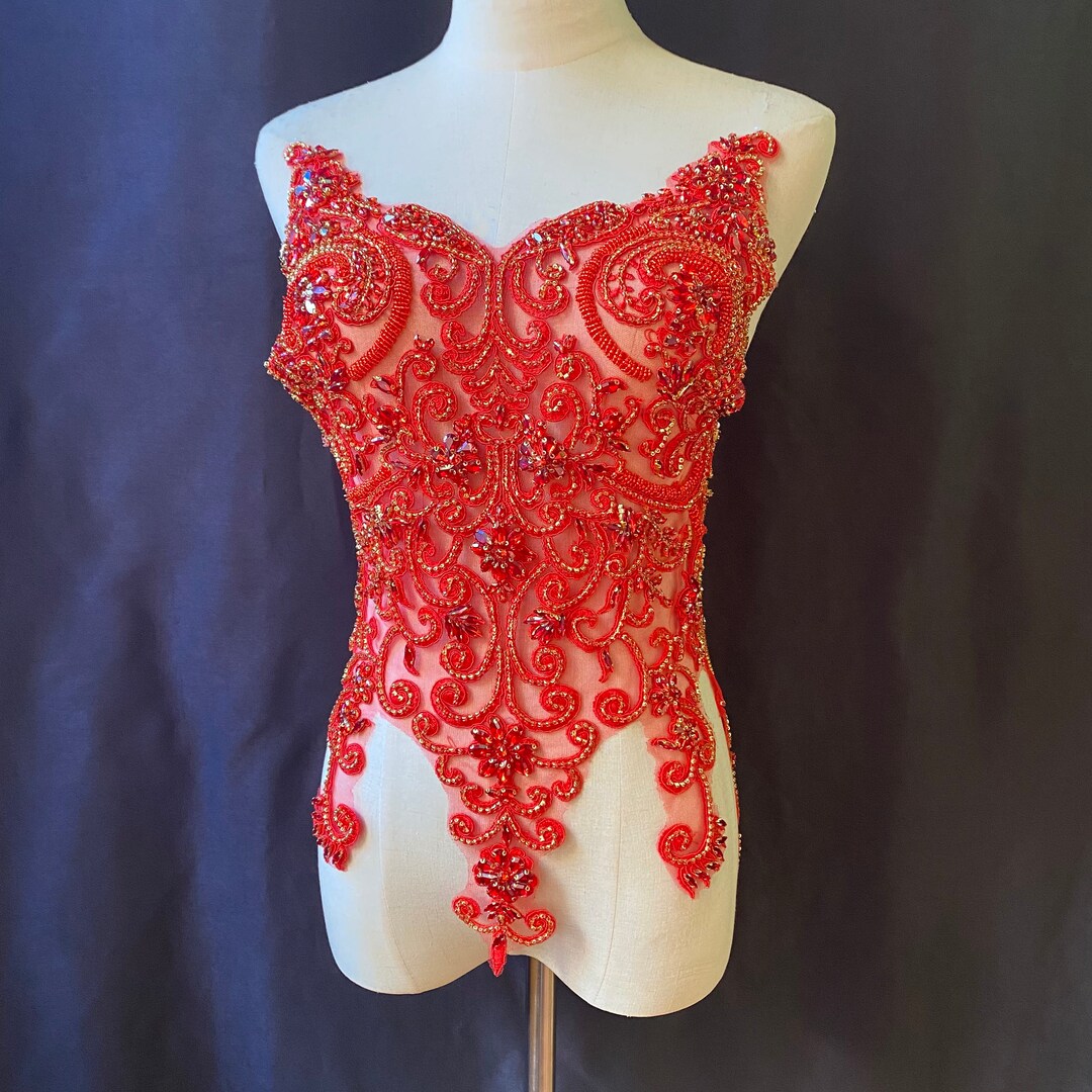 Large Red Rhinestone Bead Applique Boidce, Handmade Rhinestone Appliqué ...