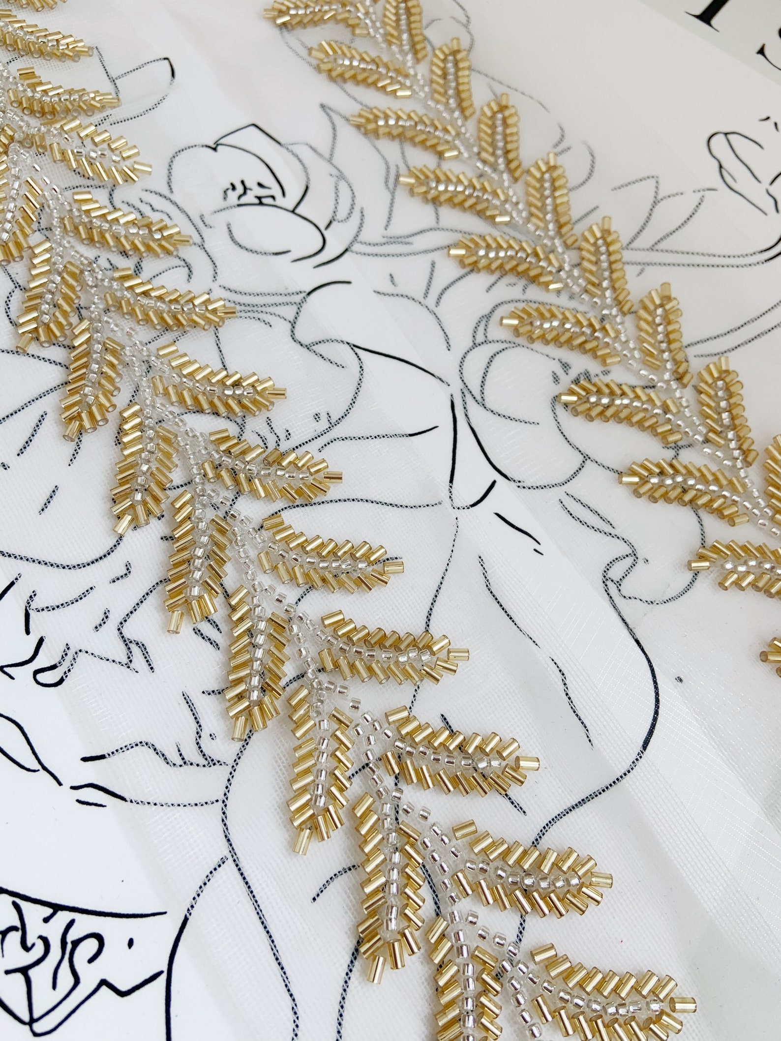 Gold Bugle Bead Trim With Leaves for Couture, Gold and Silver Leaves Trim for Couture, Bead Sash ...