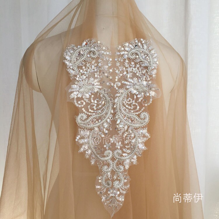 Large Bridal Lace Applique With Beads and Sequins - Etsy
