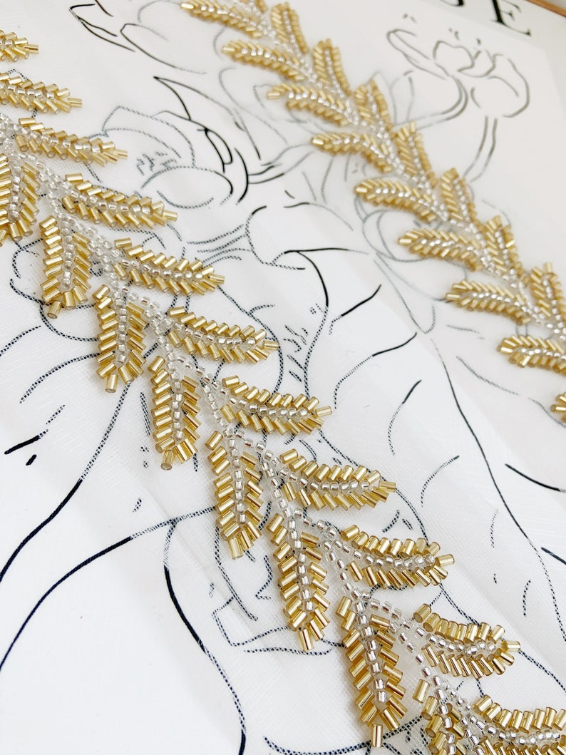 Gold Bugle Bead Trim With Leaves for Couture Gold and Silver | Etsy