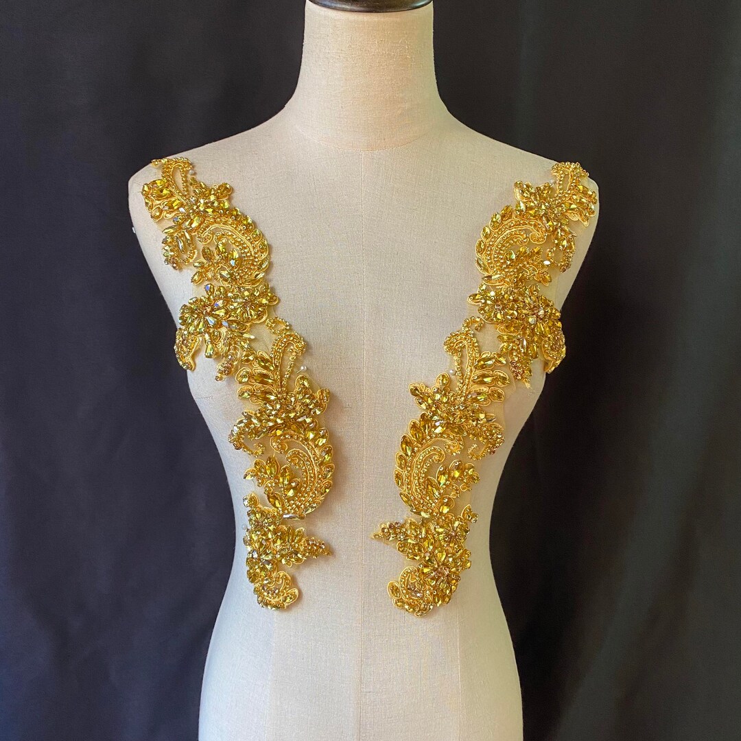 Gold Rhinestone Appliqué for Deep V Line Dress, Heavy Bead Crafted ...