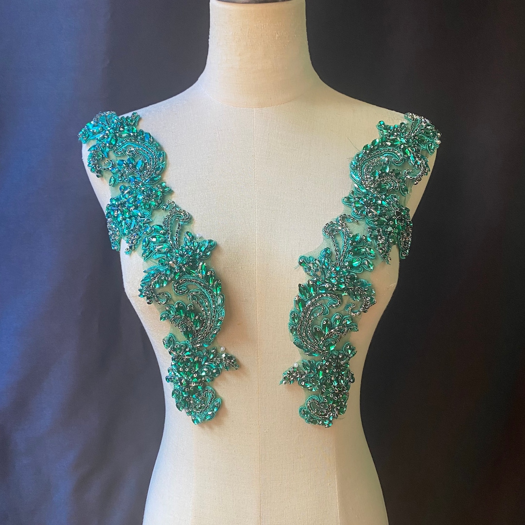 Green Rhinestone Appliqué for Deep V Line Dress, Heavy Bead Crafted ...
