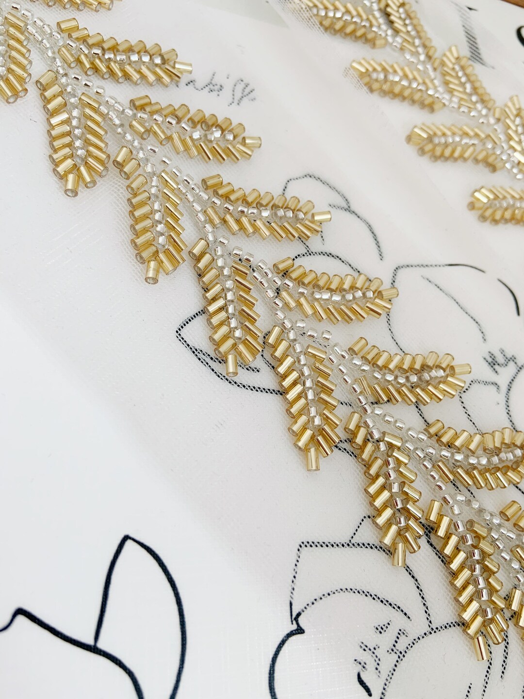 Gold Bugle Bead Trim With Leaves for Couture, Gold and Silver Leaves ...