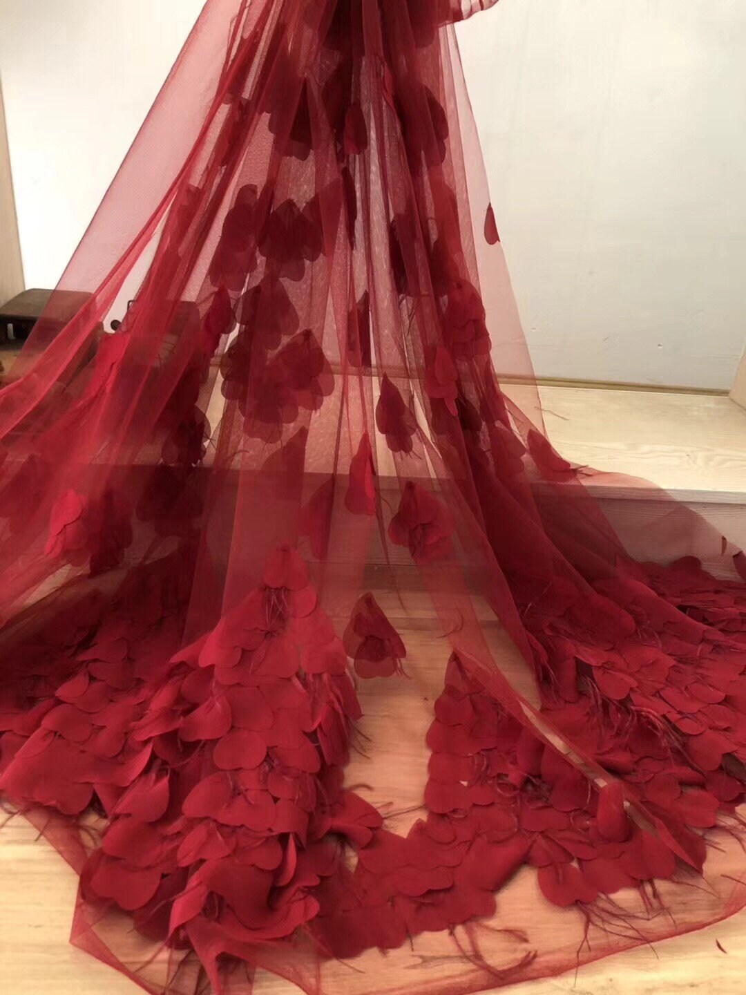 Wine Red Heavy Embroidered Tulle Lace Fabric With Ostrich - Etsy