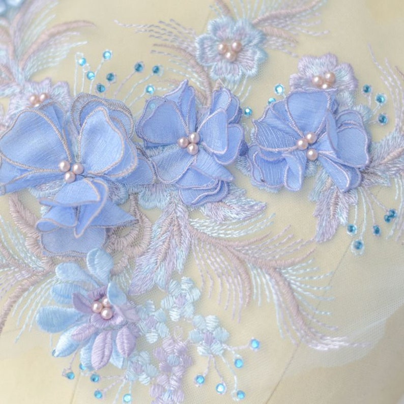Light Blue 3d Flowers Motif Lace Applique, Heavy Bead Lace Applique, 3D ...