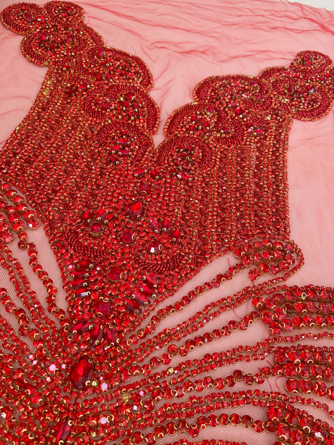 Large Red Rhinestone Applique Boidce, Heavy Bead Handmade Rhinestone ...