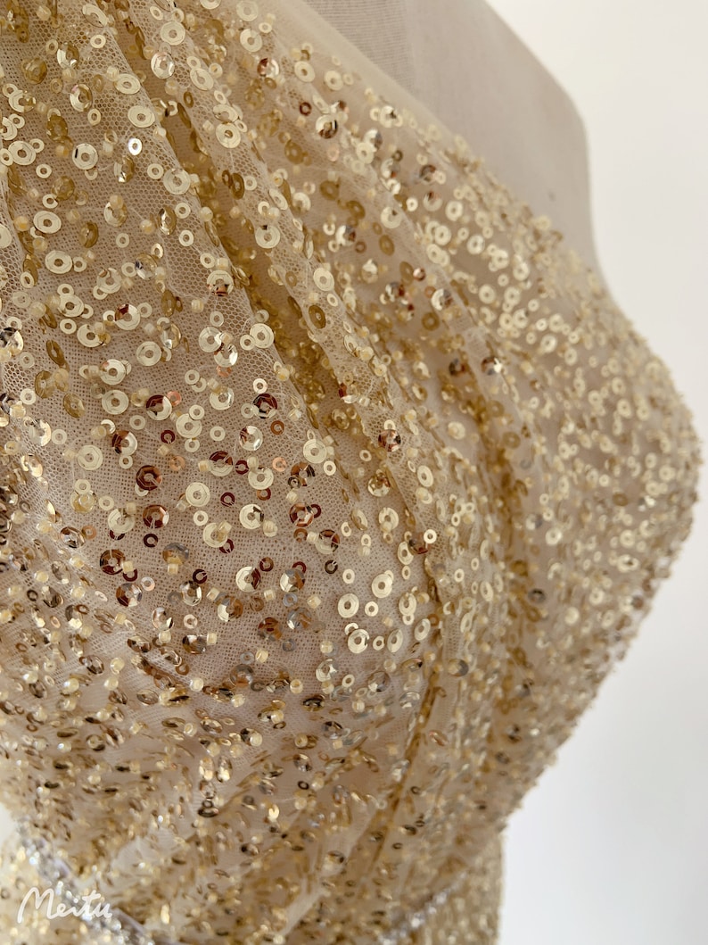 Champagne Gold Lace Fabric With Sequins Golden Bead Lace - Etsy