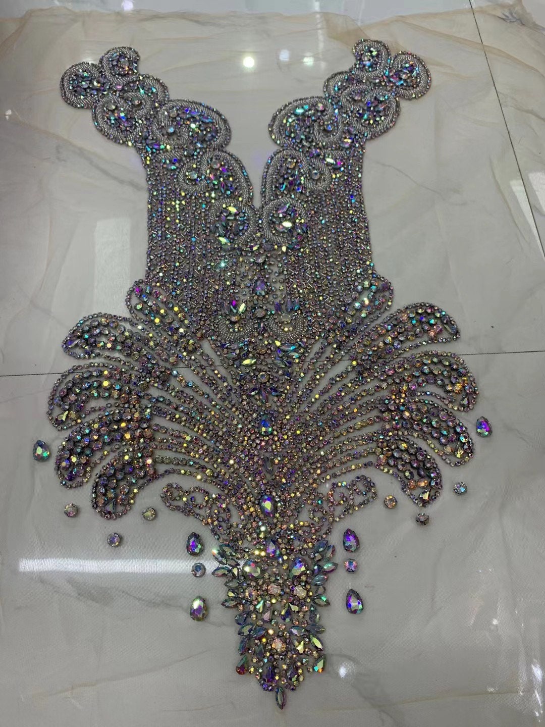 Sparkle Iridescent Rhinestone Applique Boidce, Heavy Bead Handmade ...